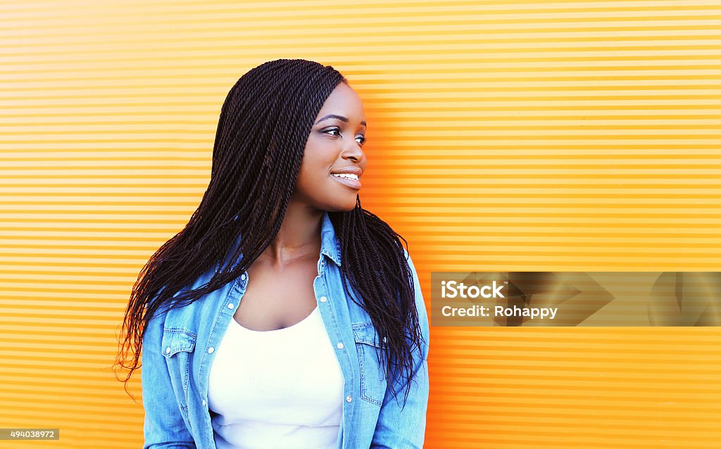 Portrait Beautiful Happy Smiling African Woman In Profile Agains Stock