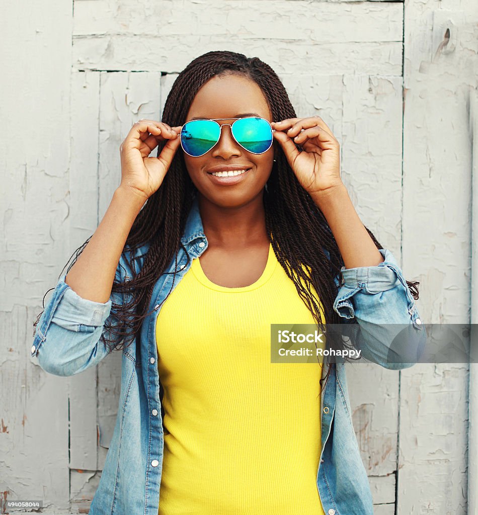 Portrait Happy Smiling African Woman In Colorful Clothes And Sun Stock
