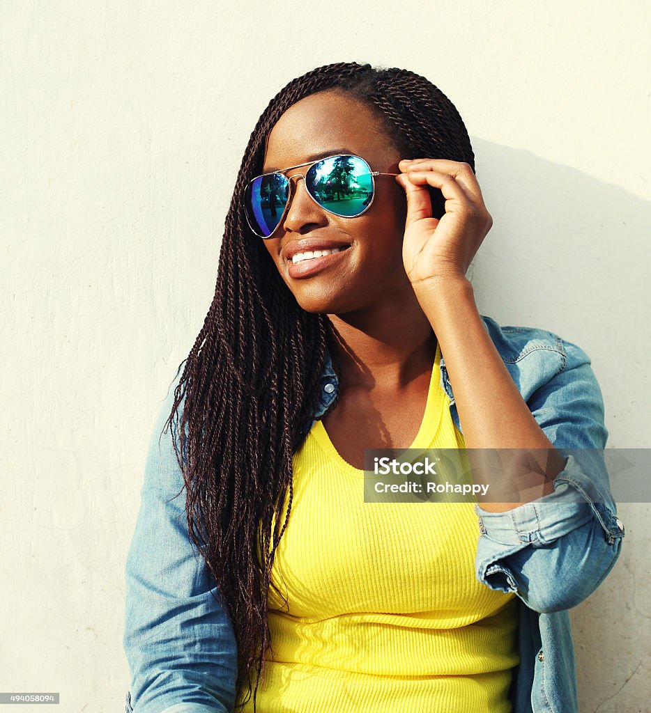 Portrait Happy Smiling African Woman In Colorful Clothes And Sun Stock
