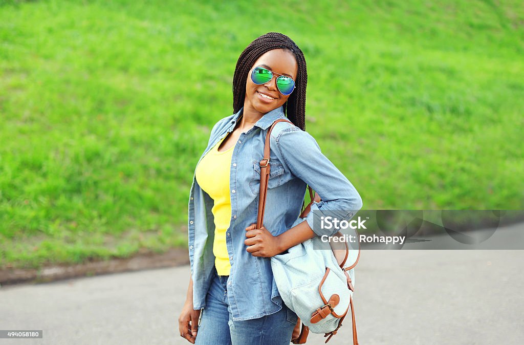 Portrait Happy Smiling African Woman Wearing A Sunglasses Jeans Stock