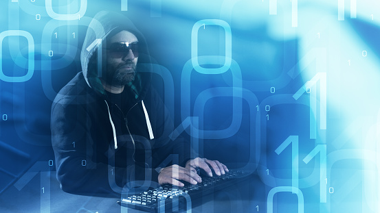 Abstract Binary Code Background And Hacker Typing On Keyboard Stock