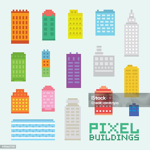 Pixel Art Isolated Buildings Vector Set向量圖形及更多格仔化圖片 格仔化 建築業 磚 Istock