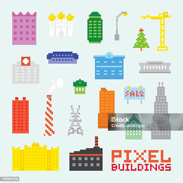 Pixel Art Isolated Buildings Vector Set向量圖形及更多格仔化圖片 格仔化 工廠 2015年
