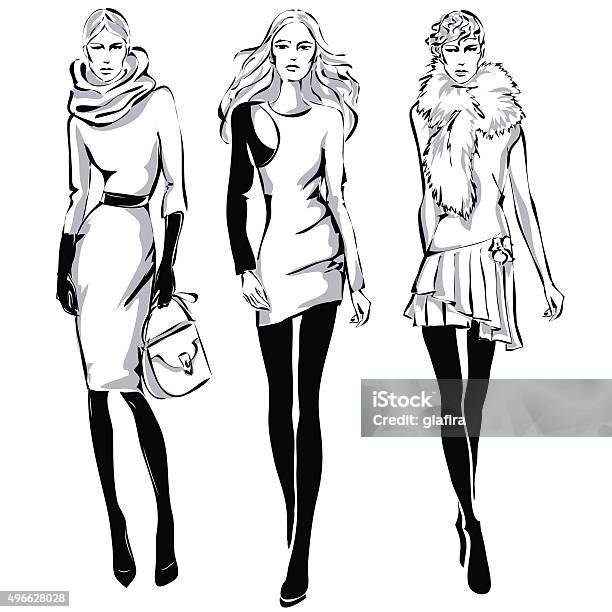 Fashion Models In Sketch Style Fall Winter向量圖形及更多時裝模特兒圖片 時裝模特兒 矢量圖