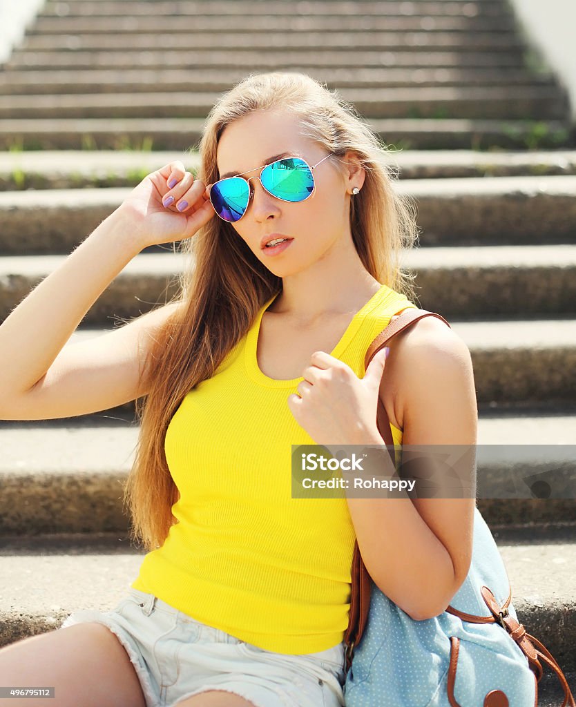 Portrait Beautiful Woman Wearing A Sunglasses And Tshirt In Cit Stock