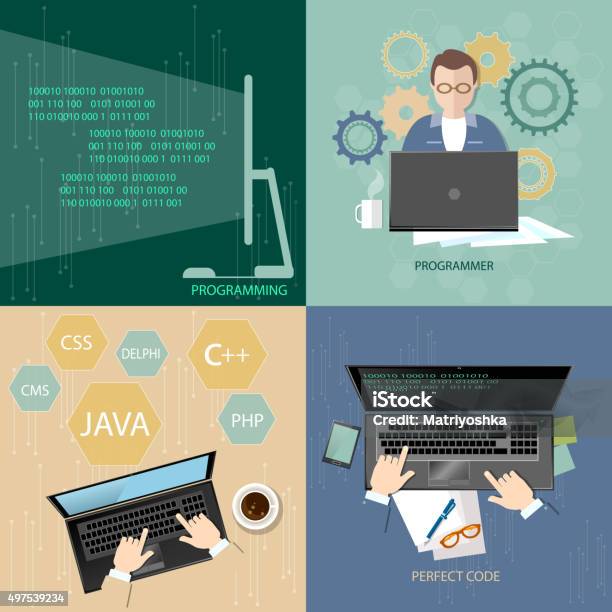 Programming Concept Process Coding Teamwork Flat Set Stock Illustration Download Image Now