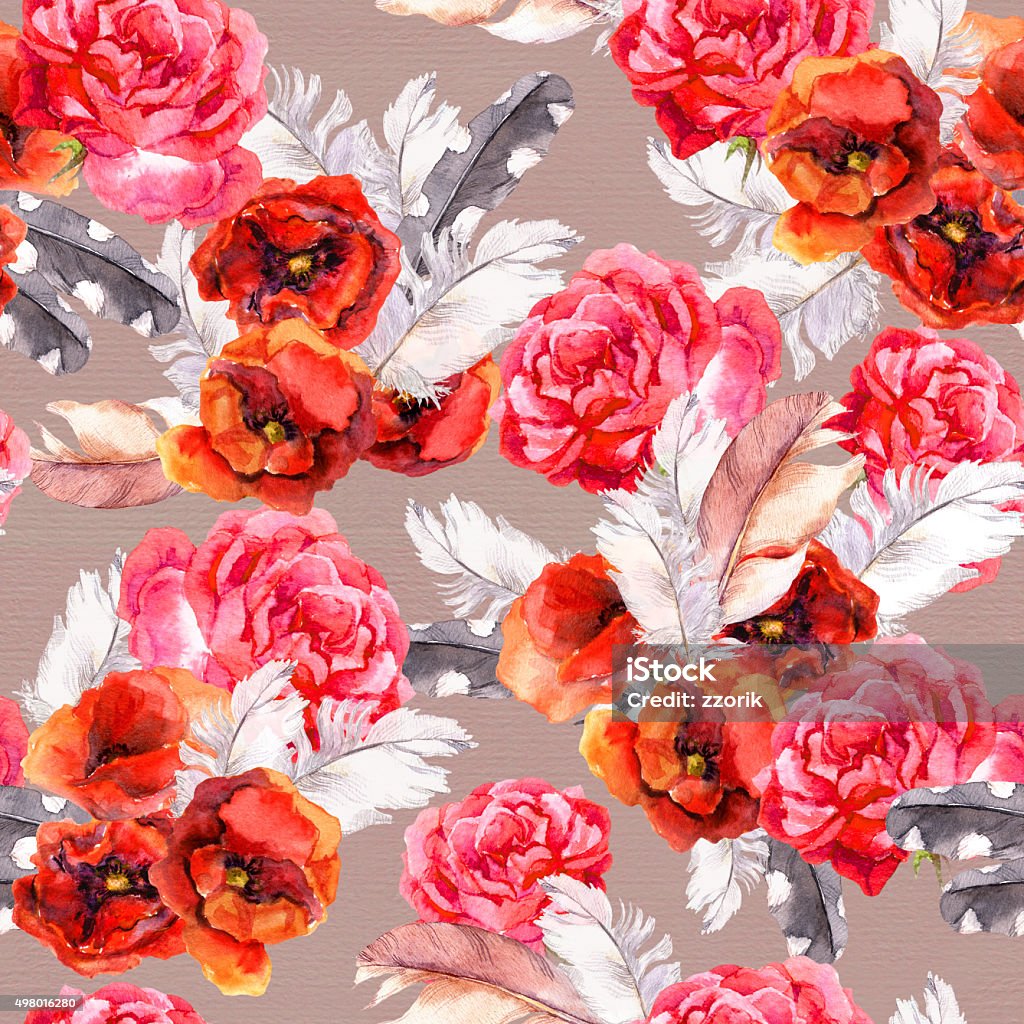 Seamless Floral Pattern With Watercolor Flowers And Feathers Watercolor