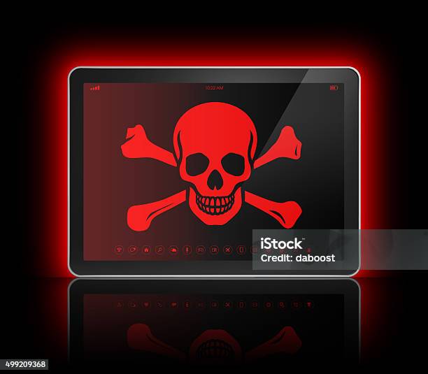 Tablet Digital Dengan Simbol Bajak Laut Di Layar Konsep Peretasan Foto