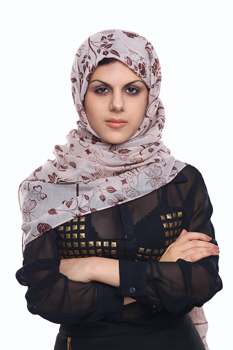 Young Asian Woman Portrait Wearing A Red Head Scarf Isolated Stock