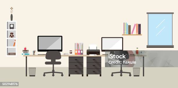 Desk With Computer And Other Things Vector向量圖形及更多辦公室圖片 辦公室 寫字台 打印機