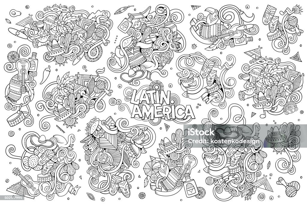 Latinoaméricaine Vector Dessinés À La Main Doodle Dessin Animé Ensemble