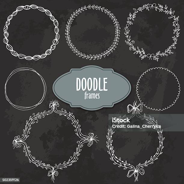 Hand Drawn Frames Set In Floral Style On Black Background向量圖形及更多2015年圖片