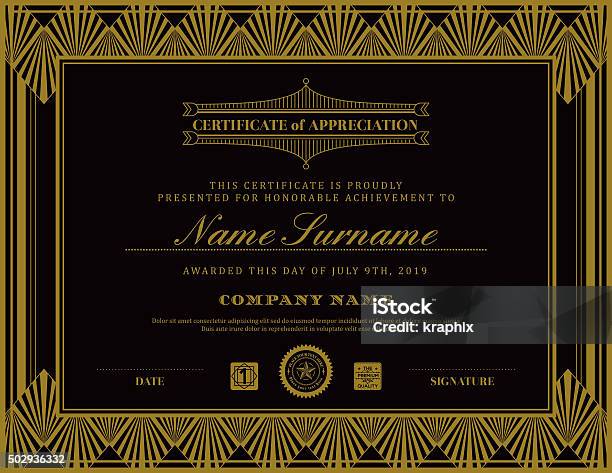 Vintage Retro Art Deco Frame Certificate Background Template向量圖形及更多橫向圖片