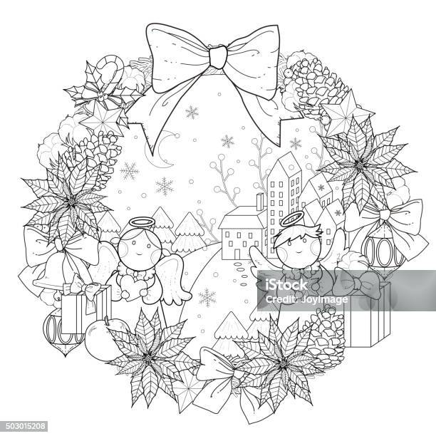 Christmas Wreath Coloring Page向量圖形及更多塗色書頁 製圖技術圖片 塗色書頁 製圖技術 聖誕節