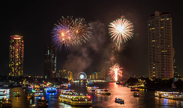 210 Fireworks Countdown Happy New Year Bangkok Asia Thailand Stock
