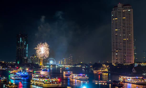 220 Fireworks Countdown Happy New Year Bangkok Asia Thailand Stock