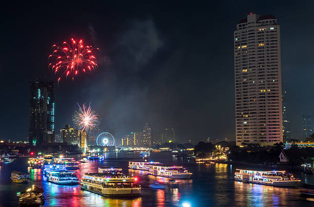 220 Fireworks Countdown Happy New Year Bangkok Asia Thailand Stock