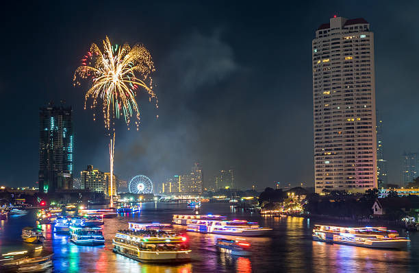 210 Fireworks Countdown Happy New Year Bangkok Asia Thailand Stock