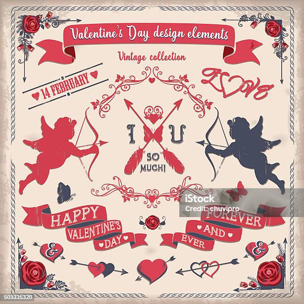Valentines Day Tricolor Vintage Design Elements Set向量圖形及更多丘比特圖片 Istock
