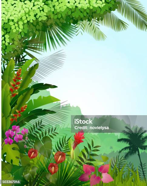 Forest Landscape Of Tropical Background With Sun Rays Vector向量圖形及更多2015