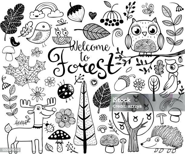 Elemen Desain Hutan Dalam Gaya Doodle Ilustrasi Stok Unduh Gambar