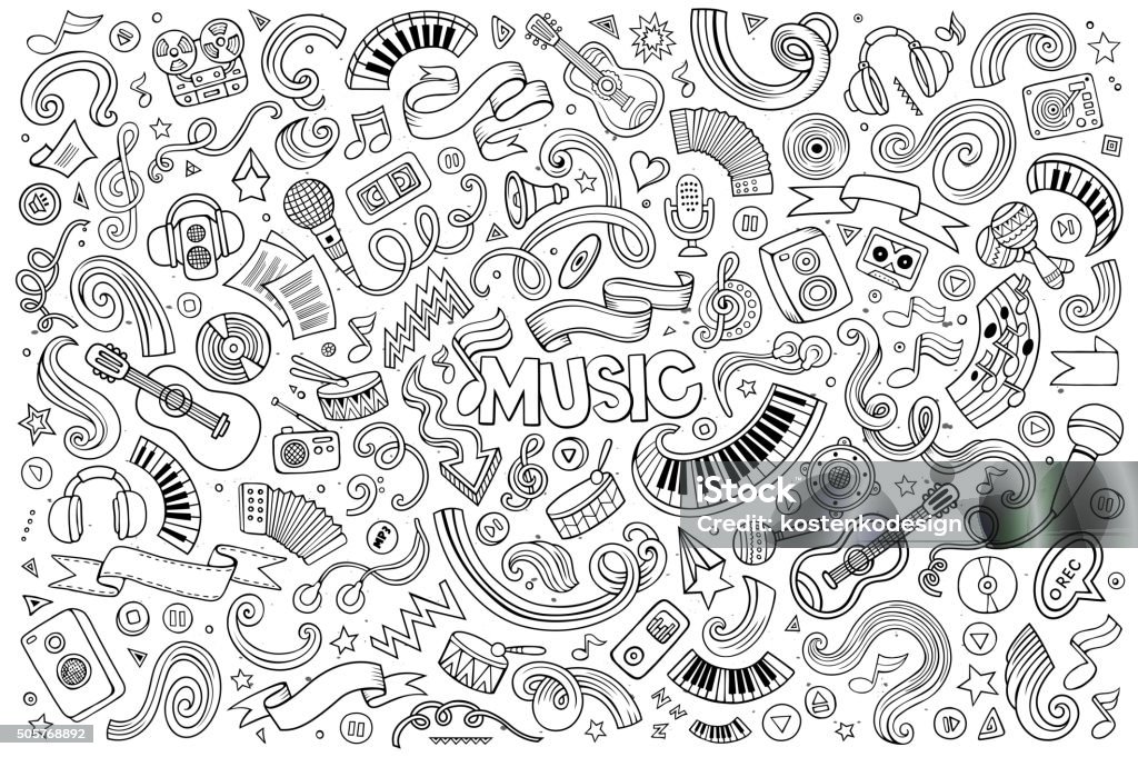 Sketsa Vektor Tangan Digambar Doodles Kartun Set Objek Musik Ilustrasi