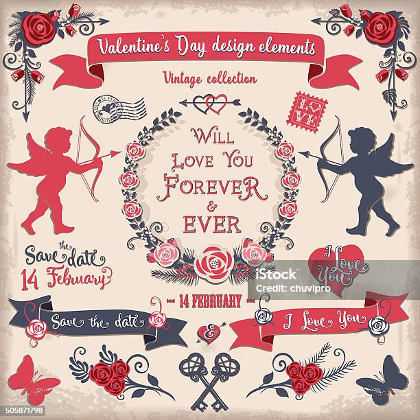 Valentines Day Tricolor Vintage Design Elements Set Stock Illustration