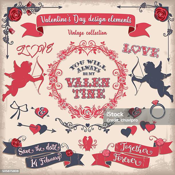 Valentines Day Tricolor Vintage Design Elements Set Stock Illustration
