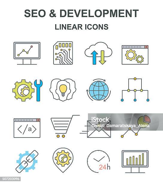 Seo 및 개발 채색기법 선형 아이콘 세트 감시에 대한 스톡 벡터 아트 및 기타 이미지 감시 개념 개념과 주제 Istock