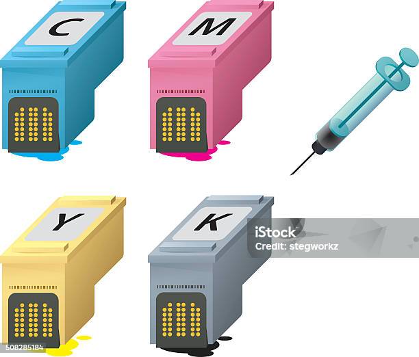 Cmyk 잉크 카트리지를 원근 주사기를 낙차 필기용 잉크에 대한 스톡 벡터 아트 및 기타 이미지 필기용 잉크 프린터 토너