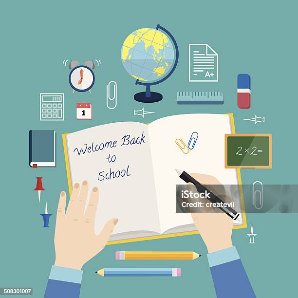 Back To School 평편 주말뿐이라도 벡터 교재들 연필 아이콘 세트 계산기에 대한 스톡 벡터 아트 및 기타 이미지