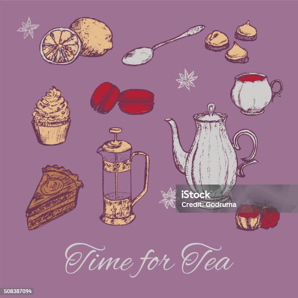 Hand Draw Tea Party Vector Illustration Tea Background With Cak向量圖形及更多