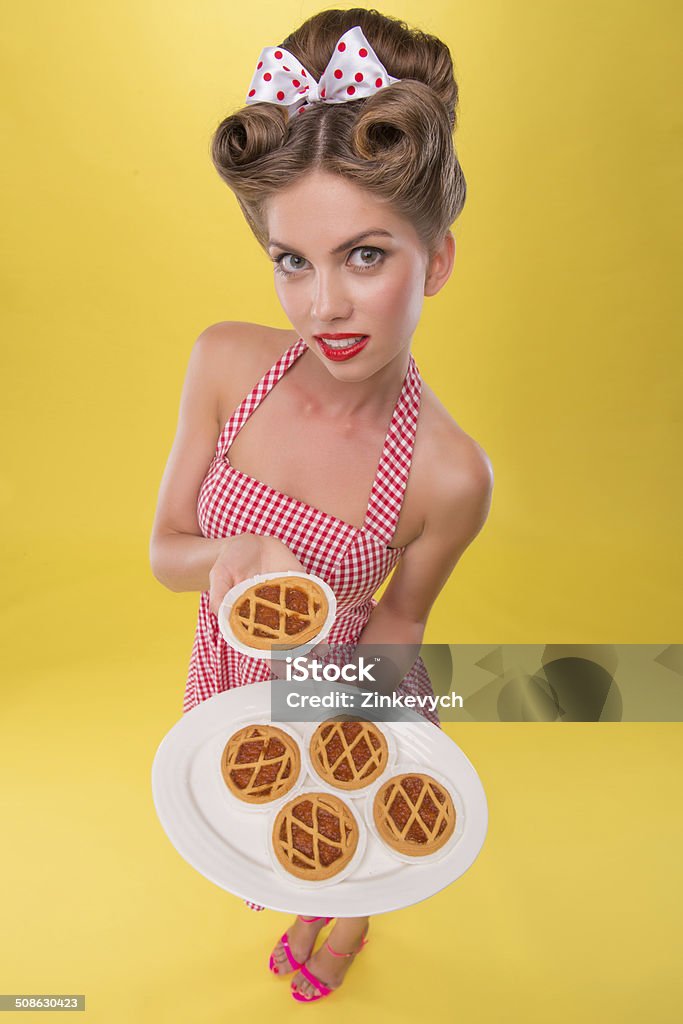 Beautiful Emotional Girl With Pretty Smile In Pinup Style Posing Stock