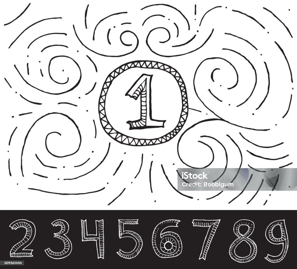 Hand Drawn Numbers With Swirl Pattern On White Background Stock