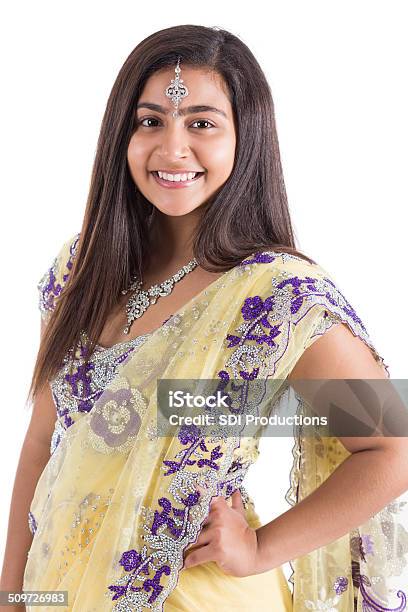 Beautiful Indian Teenage Girl Wearing Traditional Sari Dress Stock