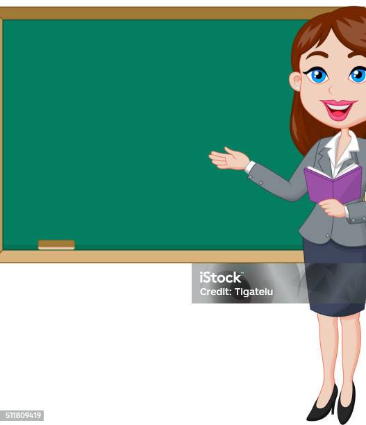 Cartoon Female Teacher Standing Next To A Blackboard Stock Illustration