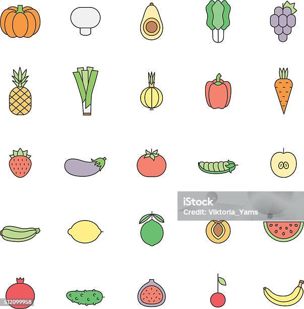 Fruit And Vegetable Multicolored Outline Vector Set Minimalistic Design ... Fruit And Vegetable Multicolored Outline Vector Set Minimalistic Design ...