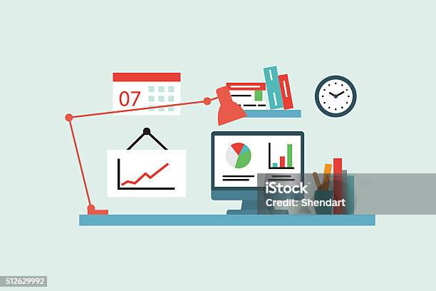 Computer Desk Workplace Illustration In Flat Style Isolated Blue