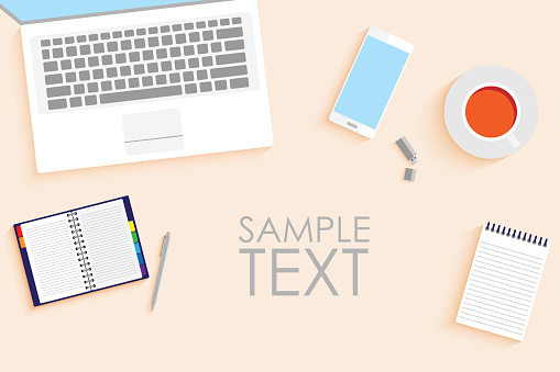Flat Vector Design Of Office Desk向量圖形及更多俯視圖片 俯視 寫字台 電腦鍵盤 Istock