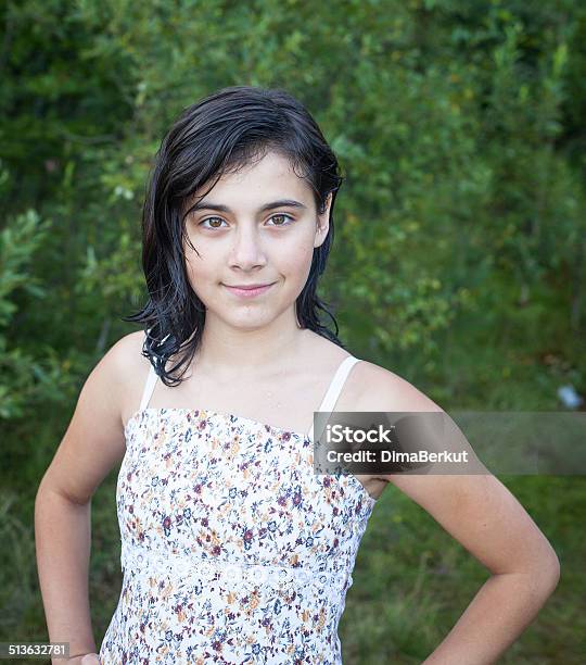 Cute Brunette Teen Girl Outside In Summer Park Smiling Happy Stock