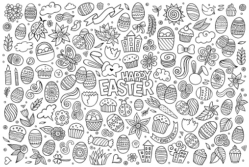Sketsa Vektor Tangan Digambar Doodles Kartun Objek Paskah Ilustrasi