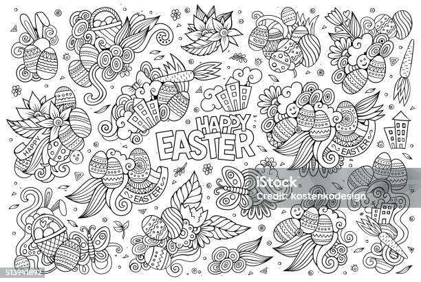 Sketsa Vektor Tangan Digambar Doodles Kartun Set Objek Paskah Ilustrasi