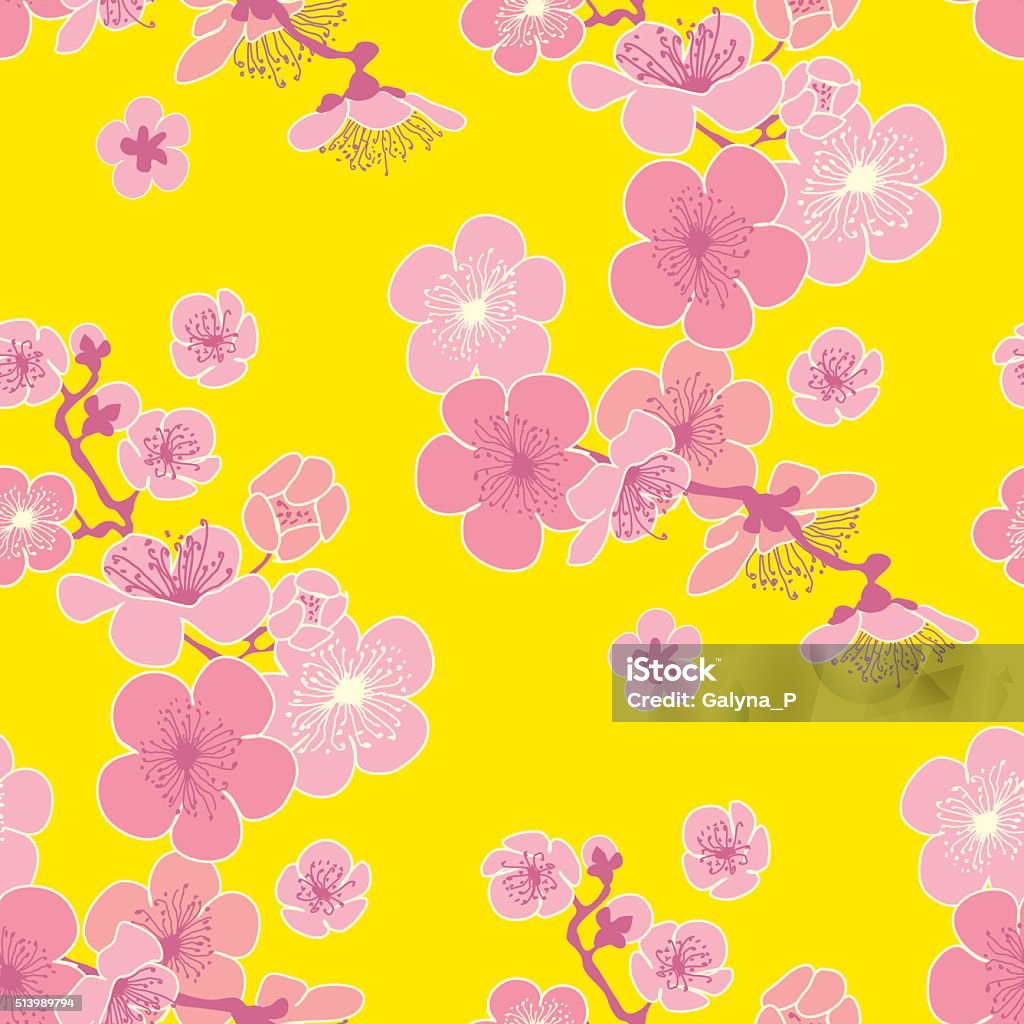 Yellow Background Cherry Blossom Vector Pattern For Fabric Stock