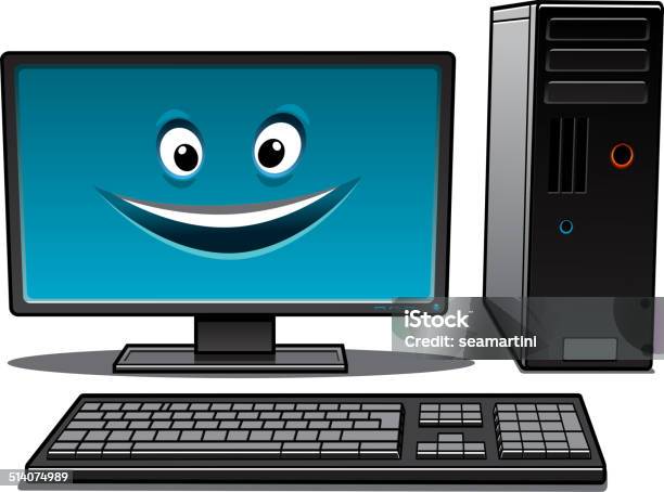 Happy Cartoon Desktop Computer向量圖形及更多卡通圖片 卡通 手提電腦 笑臉 Istock