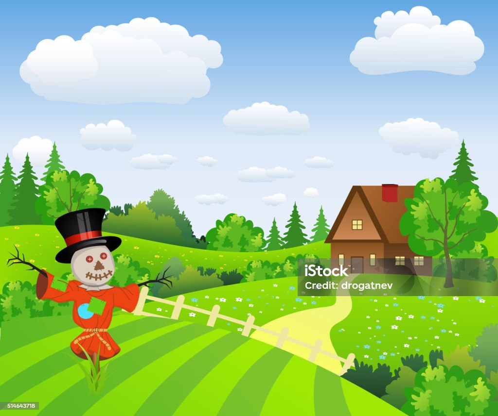 Farm Landscape Dengan Orangorangan Sawah Kartun Ilustrasi Stok Unduh