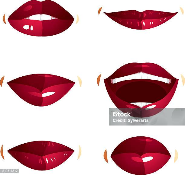 Collection Of Vector Red Female Lips With Makeup Different Emotions