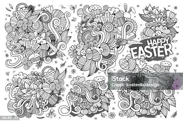 Sketsa Vektor Tangan Digambar Doodles Kartun Set Objek Paskah Ilustrasi