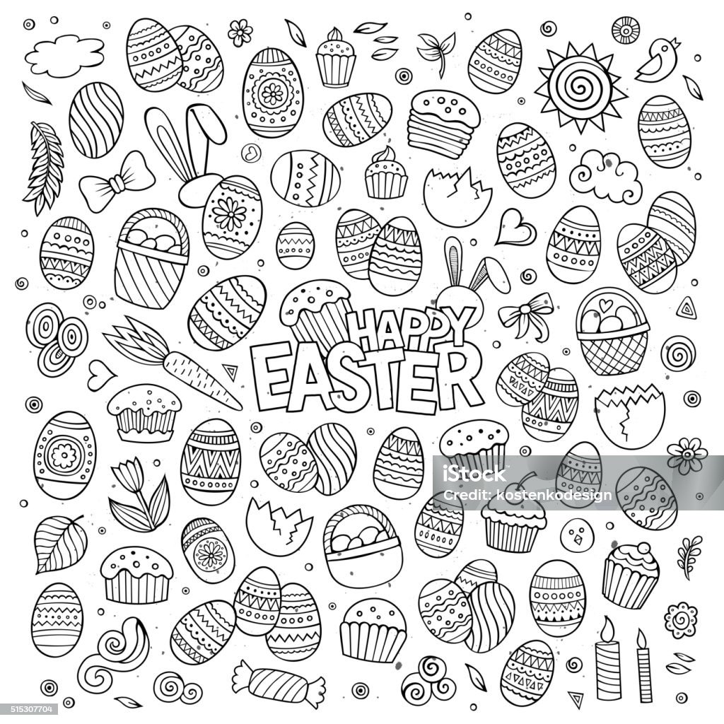 Sketsa Vektor Tangan Digambar Doodles Kartun Set Objek Paskah Ilustrasi