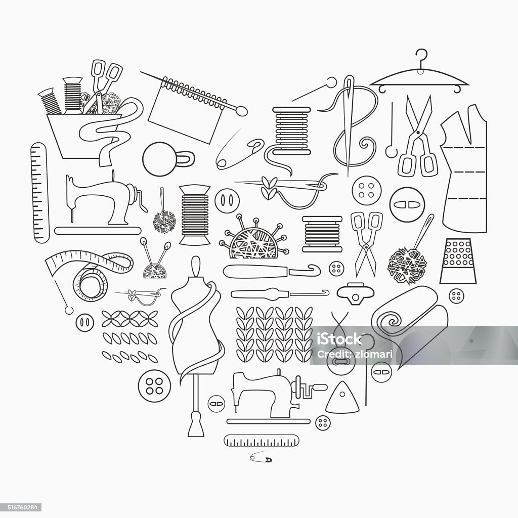 Vector Sewing Equipment And Needlework Icons In Heart Stock