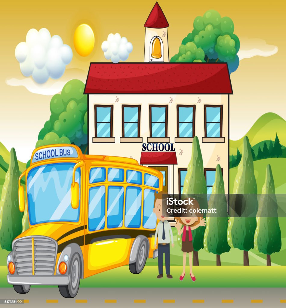 Guru Dan Bus Sekolah Di Sekolah Ilustrasi Stok Unduh Gambar Sekarang Alam Bus Sekolah